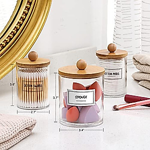 VITEVER 3 Pack Qtip Holder Dispenser with Bamboo Lids - Apothecary Jar Containers for Vanity Organizer Storage - Bathroom Accessories Set for Cotton Swab, Ball, Pads, Floss