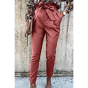 PRETTYGARDEN Women's Casual Long Pants High Waist Belted Paper Bag Work Pant Trousers with Pockets (Brick Red,Small)