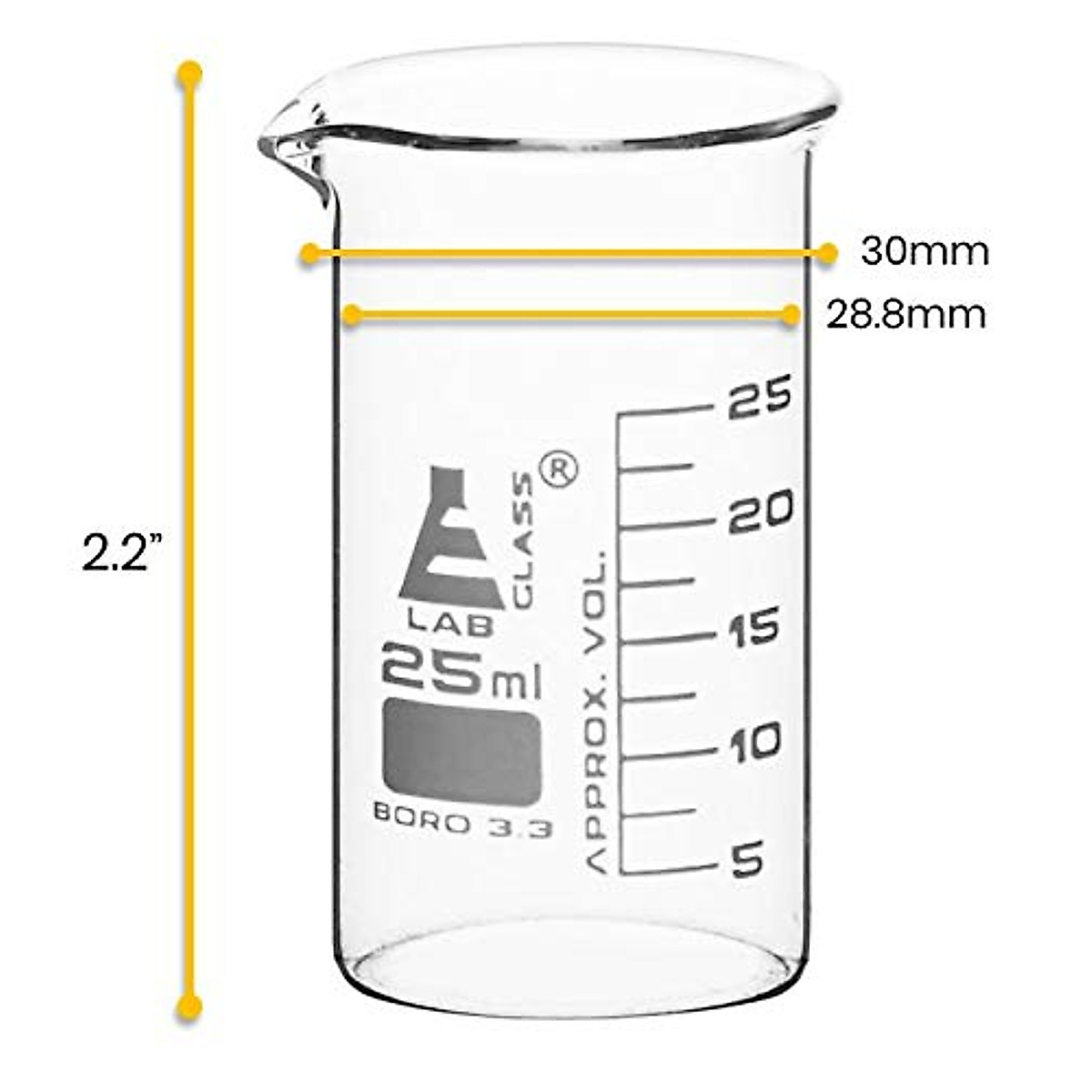 EISCO Beaker, 25ml - Tall Form with Spout - White, 2.5ml Graduations - Borosilicate 3.3 Glass