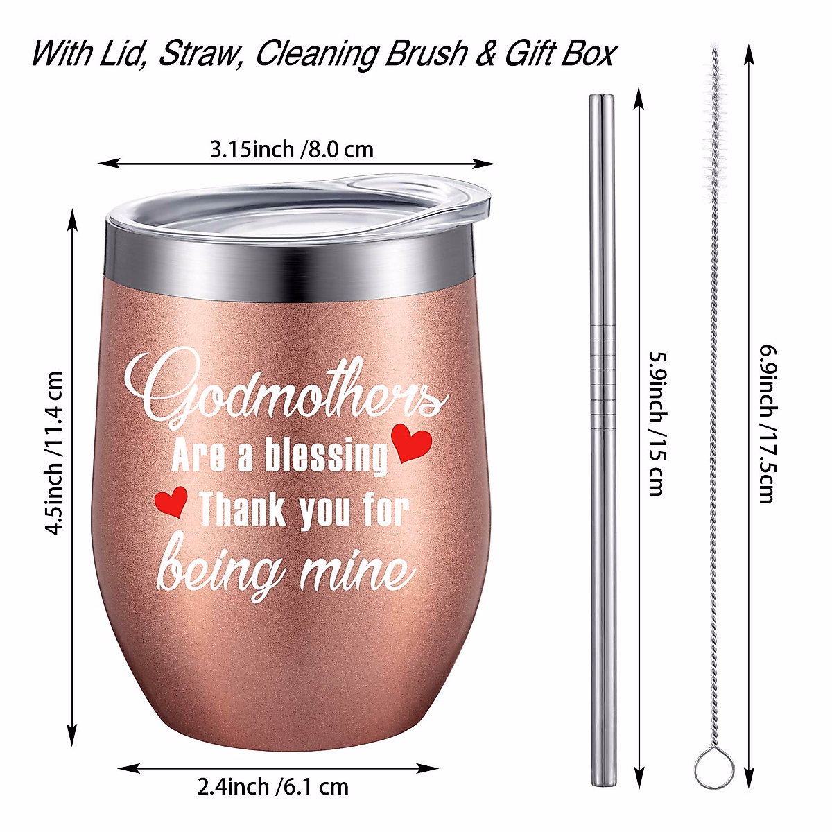 Wine Tumbler Godmother Appreciation Gift Godmothers Are a Blessing Thank You for Being Mine, Baptism Gift Wine Glass Tumbler with Lid, Straw and Gift Box (Rose Gold)