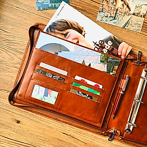 3 Ring Check Binder, Genuine Leather Check Book Portfolio for 3 Holes Checks or 9 Holes Checks, Fits 3-on-a-Page Business Checks, Check Book Binder 3 Ring for 11 1/4"x9", Oil Waxed Leather Brown