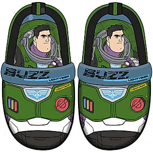 Disney Toy Story Slippers - Buzz Lightyear and Sheriff Woody Fuzzy PJ House Shoes - Boys Pajama Indoor Warm Slipper - Green/Black (size 9-10 Toddler)