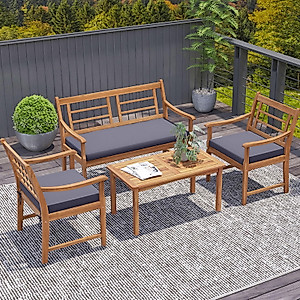 RELAX4LIFE Wood Patio Furniture Set - 4-Piece Outdoor Furniture w/Seat Cushions & Coffee Table, Loveseat Sofa Set for Balcony Porch Deck Poolside Backyard, Acacia Wood Conversation Set (Grey)
