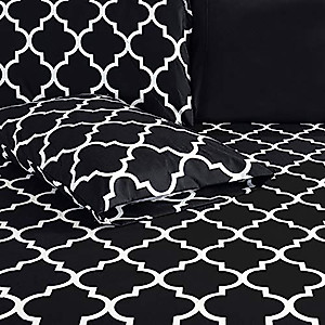Elegant Comfort 6-Piece Quatrefoil Printed Deep Pocket Bed Sheet Set, Luxurious Silky 1500 Thread Count Bed Sheet Set Ultra Soft Wrinkle Resistant Bedding Set, Queen, Black