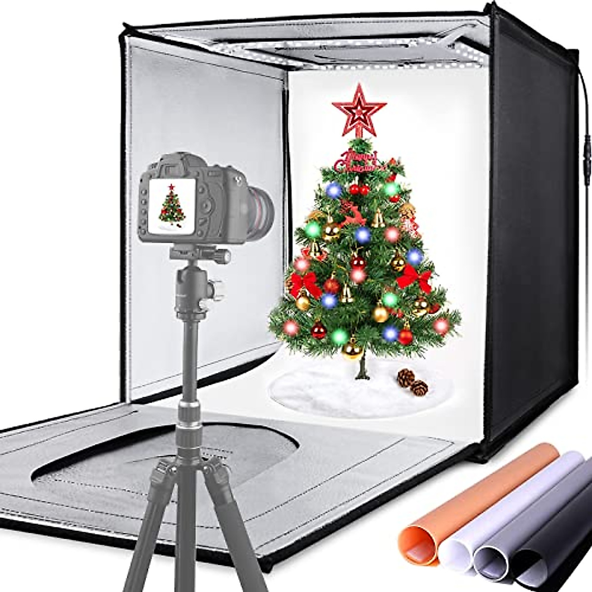 Aureday Photo Studio Light Box, 20''×20'' Dimmable Photo Lightbox for Product Photography, Proffessional Shooting Tent with 80pcs Led Lights and 5 Colored Backdrops