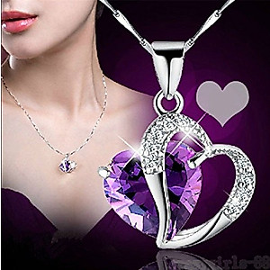 Lutos Heart Silver Plated Crystal Diamond Gem Pendant Hollow Silver Chain Necklace Shinning Jewelry for Girl Women