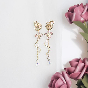 Pink Flower Sakura Leaf Earrings Fairy Sakura Flower Cat Statement Earrings Dainty Flower and Cat Earrings For Women(Butterflies and Flowers)