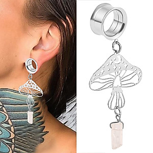 DOEARKO 2PCS Mushroom-Pendant Natural Stone Hypoallergenic Stainless Steel Dangle Ear Plugs Tunnels Ear Gauges Stretcher Pair Selling 2g 0g Piercing Body Jewelry (8mm(0G), Silver)