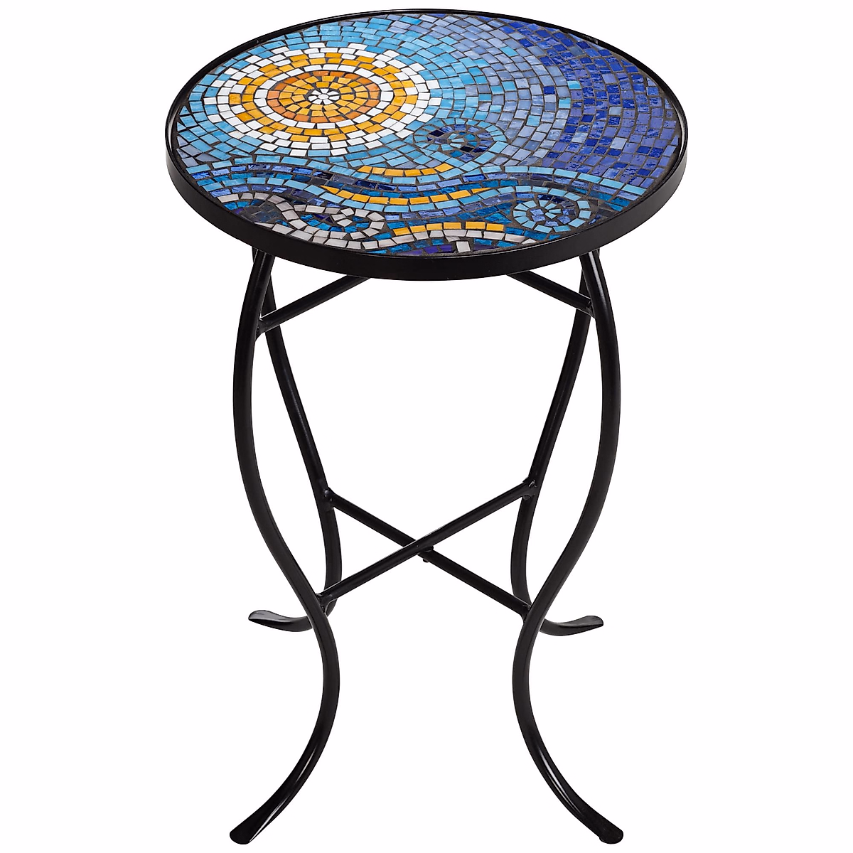 Teal Island Designs Ocean Scene Modern Black Metal Round Outdoor Accent Side Tables 14" Wide Set of 2 Set of 2 Blue Mosaic Tile Tabletop Gracefully Curved Legs for Spaces Porch Patio Home House