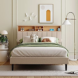 Full Bed Frame with Charge Upholstered Platform Bed with Storage Headboard, Outlets and USB Ports, No Box Spring Needed, Easy Assembly, Beige