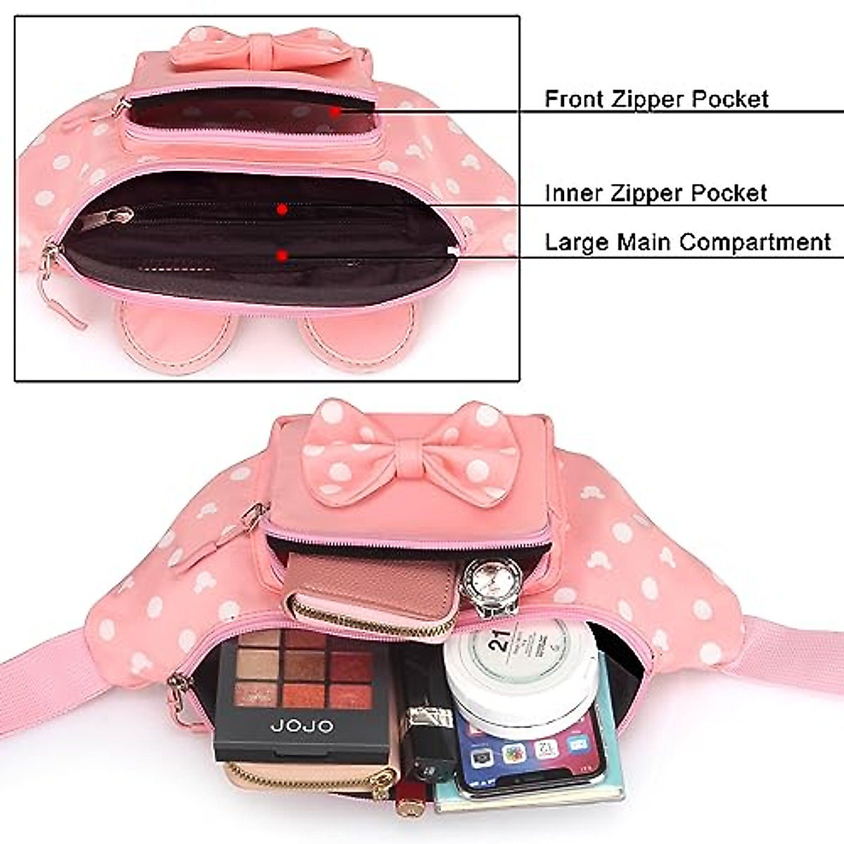 Pink Disney Fanny Pack for Women Teen Girls Minnie Mouse Fanny Pack Cute Bowknot Polka Dot Waist Pack Outdoor Travel Waist Bag Cartoon Hiking Belt Bag Bum Bags with Mouse Ears