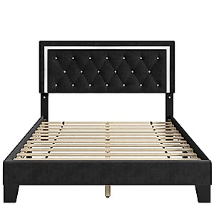 HITHOS Full Bed Frame, Upholstered Platform Bed Frame with Modern Adjustable Headboard, Diamond Tufted Mattress Foundation with Wooden Slat Support, No Box Spring Needed, Easy Assembly (Full, Black)