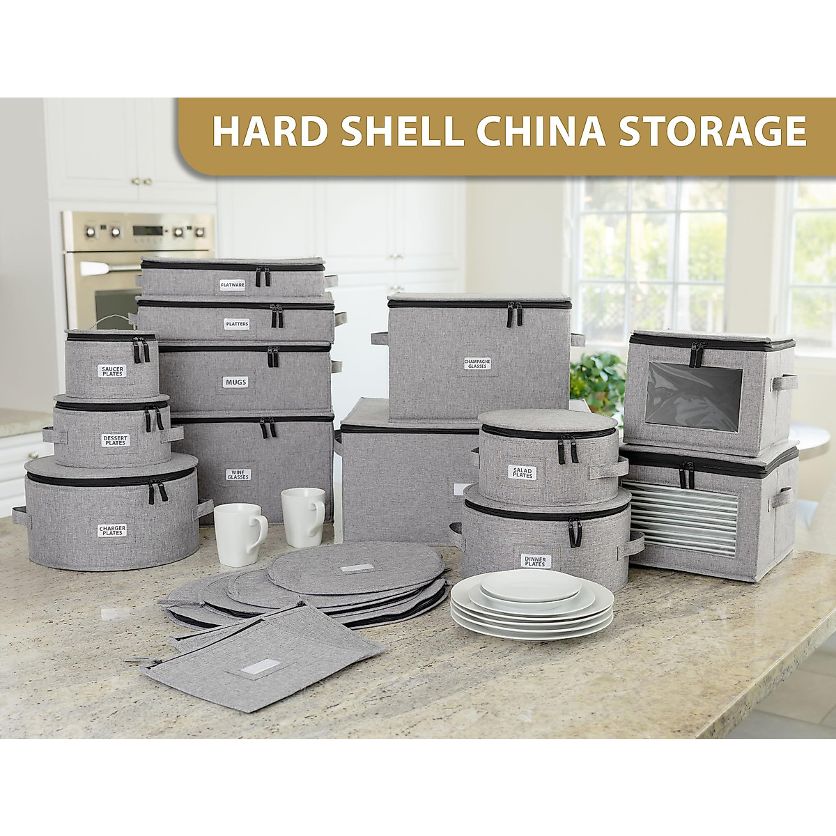 China Storage Set for Plates, Cups and Mugs - 5 pc set - Hard Shell and Stackable, Fully Padded Interior, 48 Plate Dividers Included