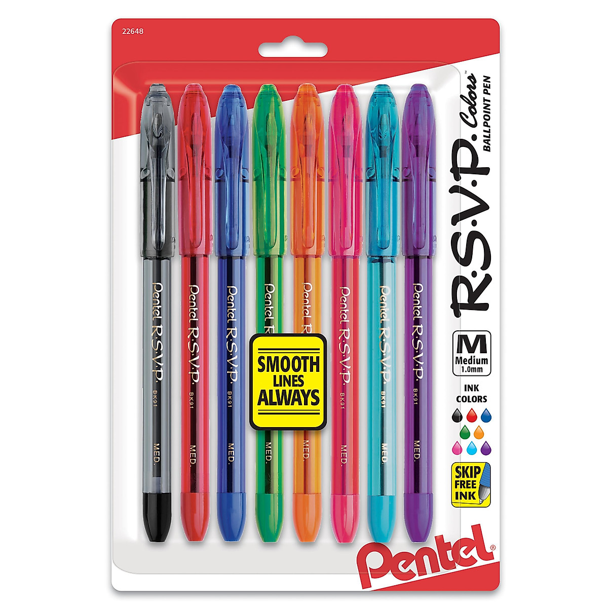 Pentel® R.S.V.P.® Ballpoint Pens, Medium Point, 1.0 mm, Clear Barrel, Assorted Ink Colors, Pack Of 8