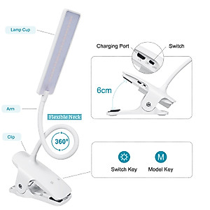 deaunbr LED Reading Light with Clip USB Rechargeable Book Lights, Eye Protection 24 LEDs Flexible Neck Night Bed Lamp, Touch Control Portable Clamp Desk Lamps for Bed Headboard, Computers