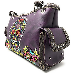 Texas West Women's Embroidered Sugar Skull Handbag Purse Wallet Set in Multi Color (Purple)