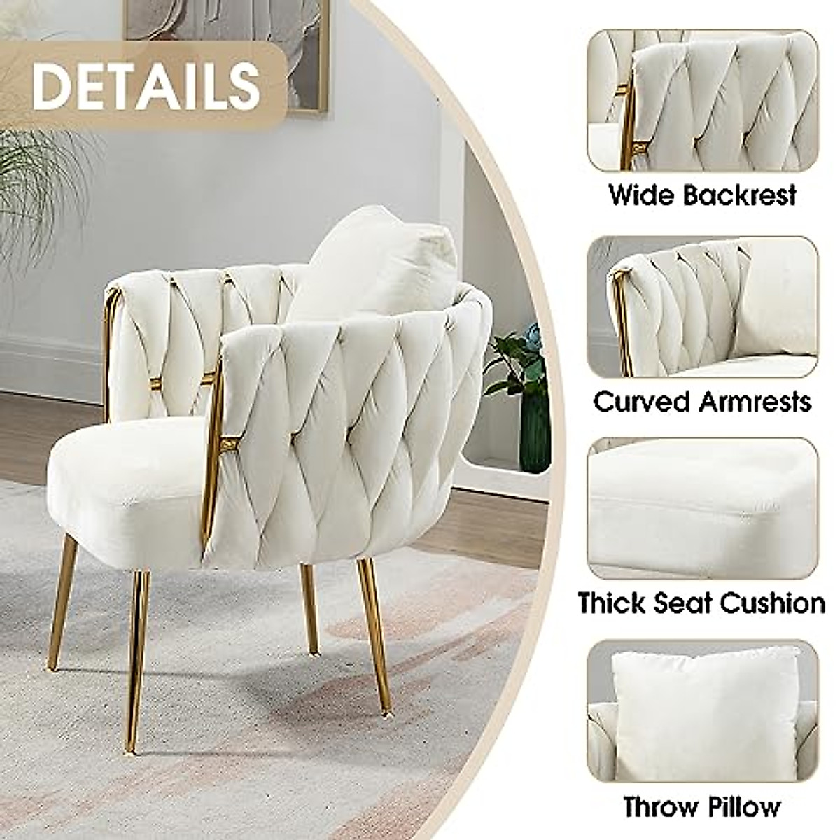 NIOIIKIT Modern Velvet Accent Chair, Hand Weaving Upholstered Armchair with Throw Pillow, Leisure Single Reading Sofa Chair with Gold Metal Legs for Living Room, Bedroom, Office (Beige)