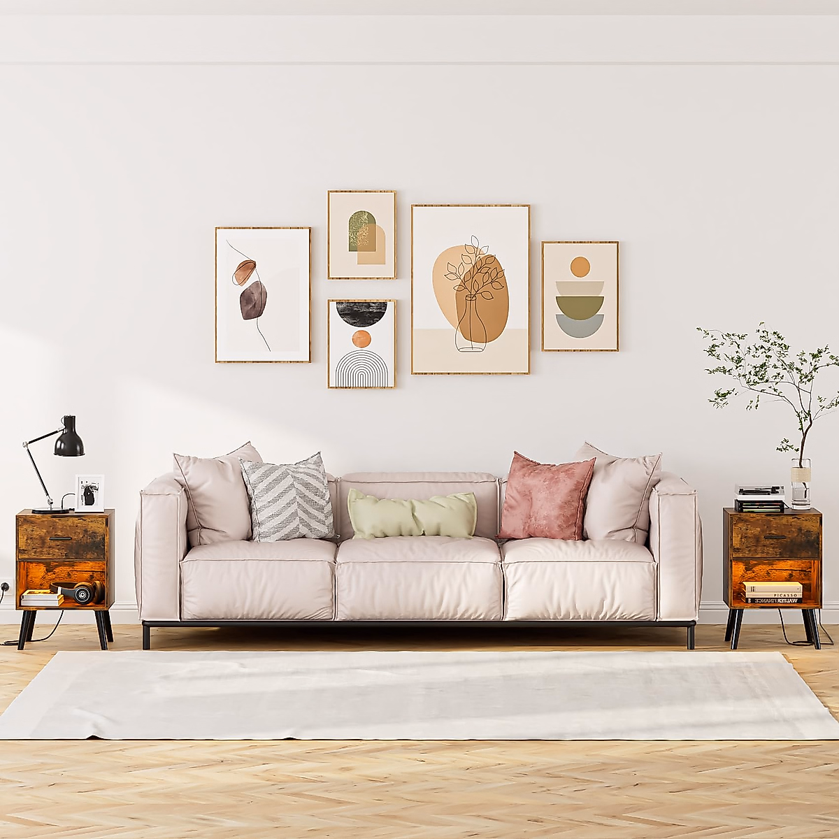 Aobafuir Nightstand with Charging Station and LED Lights, Small Side Table, Bedside Table with Drawer, Modern Night Stand, End Table for Bedroom, Living Room, Light Rustic Brown