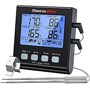 ThermoPro TP-17 Dual Probe Digital Meat Thermometer Large LCD Backlight Grill Food Thermometer with HI/Low Alert & Timer Mode, Smoker Kitchen Oven BBQ Thermometer for Cooking, Grilling Gifts, Black