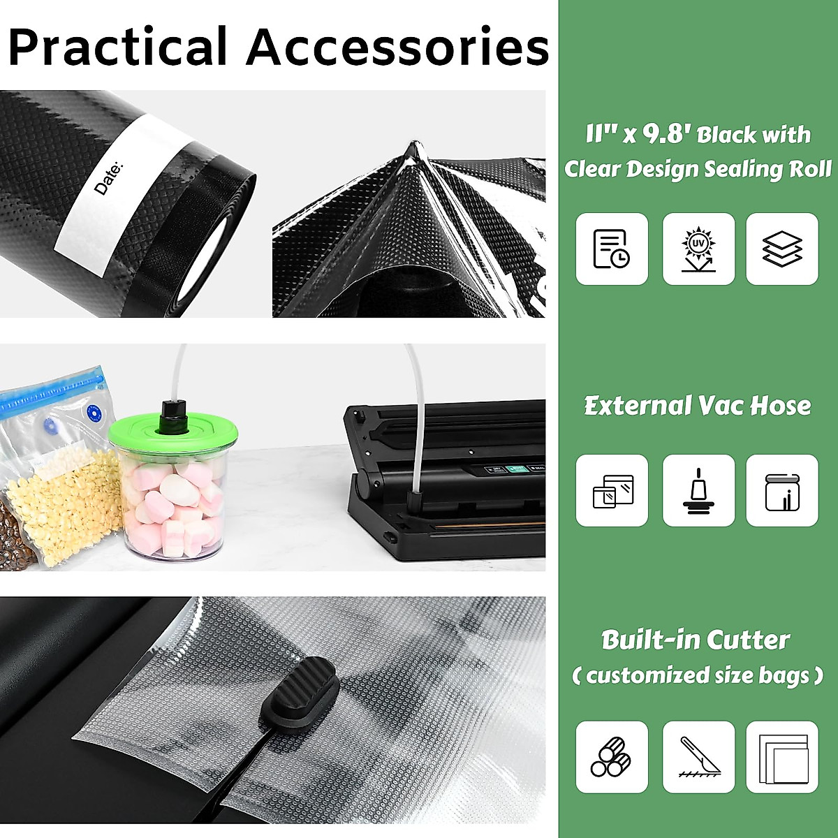 KVSK Vacuum Sealer Machine, 6-in-1 Compact Food Sealer Automatic Air Sealing System For Food Storage With Cutter and 11" x 9.8' Black Roll, One-Click Dry & Moist Vac Seal Mode