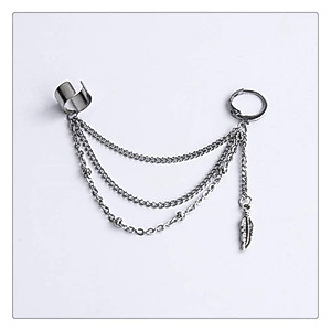 Vintage Tassel Ear Cuff Crawler Climber Earring for Women Girls Men Stainless Steel Cartilage Small Hoop Wrap Vine Clip on Feather Leaf Multi Layered Chain Drop Fashion Jewelry 1 Piece