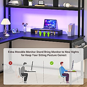 Aheaplus L Shaped Desk with Power Outlet & LED Strip, Reversible Corner Computer / Gaming Desk with Storage Shelf & Monitor Stand, Modern 2 Person For Home Office, Writing , Black