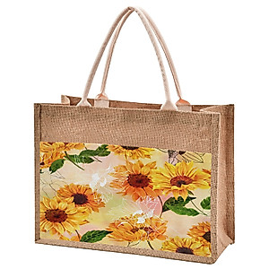 Aslsiy Jute Tote Bags,Yellow Sunflower Grocery Shopping Bags, Reusable Burlap Straw Beach Bag with Handles Zipper for DIY Art Crafts, Decoration, Printing 17"