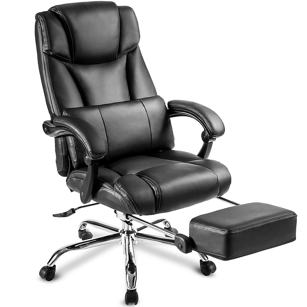 RINDOW Office Chair PU Leather/Double Cushion/Support pad and Foot stools, Comfortable Seats, Adjustable Chairs, Easy Assembly, Black