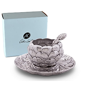 Arthur Court Aluminum Artichoke Condiment Set 3 piece Bowl, Tray, Spoon 7 inch Diameter Tray