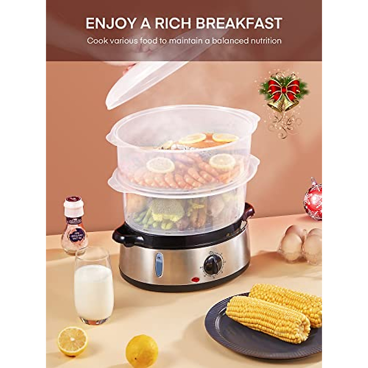 FOHERE Electric Food Steamer for Cooking, Vegetable Steamer 800W Fast Heating with 3 Tiers BPA-Free Nested Basket Trays and Auto Shut-off 60-min Timer, Rice Bowl Included, 9.5QT