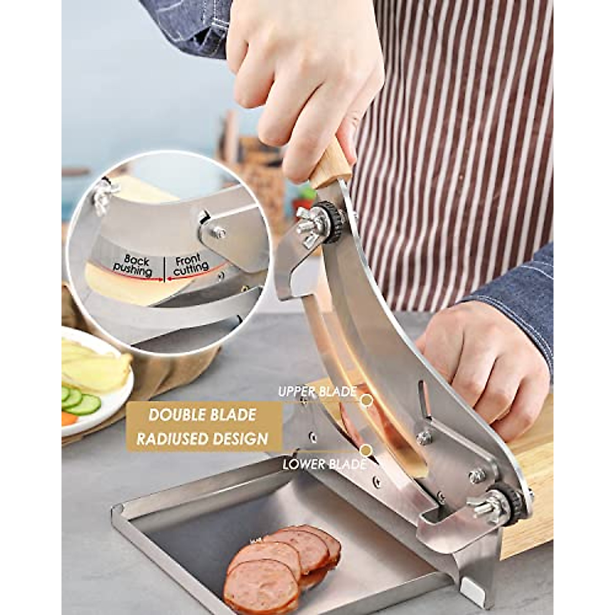 Moongiantgo Biltong Slicer Chinese Medicine Radiused Beef Jerky Cutter, 0-0.5” Adjustable Thickness, Wooden Base Herb Root Cutting Machine for Ginseng Antler Gastrodiae Maca Ganoderma