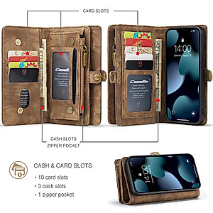 SZHAIYU Wallet Case Compatible with iPhone 13 Mini Cover with Card Holder Leather Flip Retro 2 in 1 Detachable Magnetic Zipper Pocket Thin Phone Cases 5.4' (Brown)