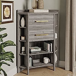 BELLEZE Corner Cabinet with USB Ports and Outlets, Corner Table with 2 Storage Drawers and 10 Shelves, Store and Organize Home Furniture for Bedroom, Living Room Small Space - Sonoma (Gray)