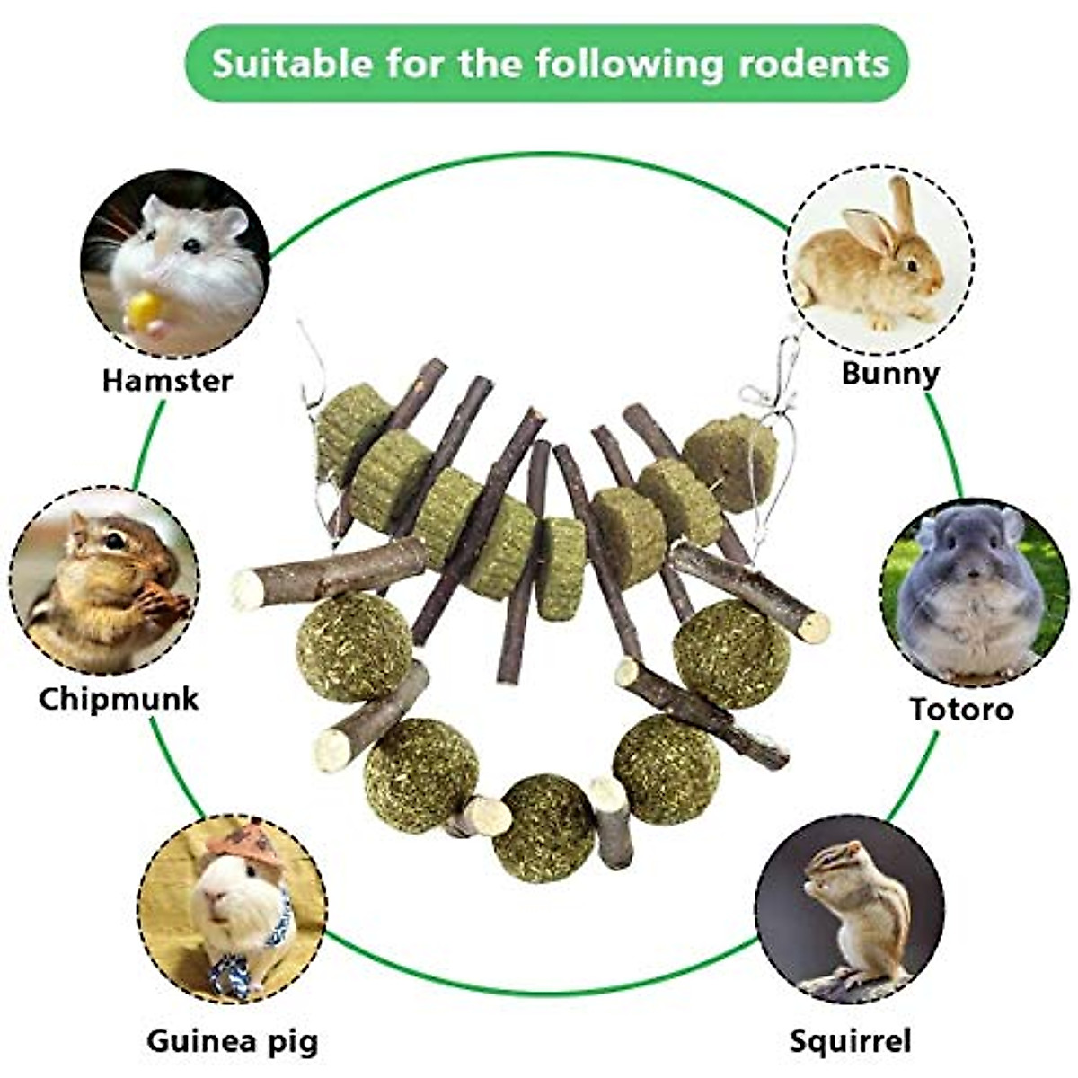 Barley Ears Rabbit Chew Toys for Teeth, 2 Pcs 100% Organic Natural Apple Wood Grass Cake & Ball String, Ideal for Chinchillas, Guinea Pigs, Hamsters Bunny Improve Dental Health