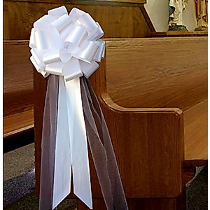 Large White Wedding Pull Bows with Long Tulle Tails - 9" Wide, Set of 6, Wedding Pew Bows, Mother's Day, Valentine's Day, Aisle Decor, Reception, Large Christmas Bow, Wreath, Anniversary