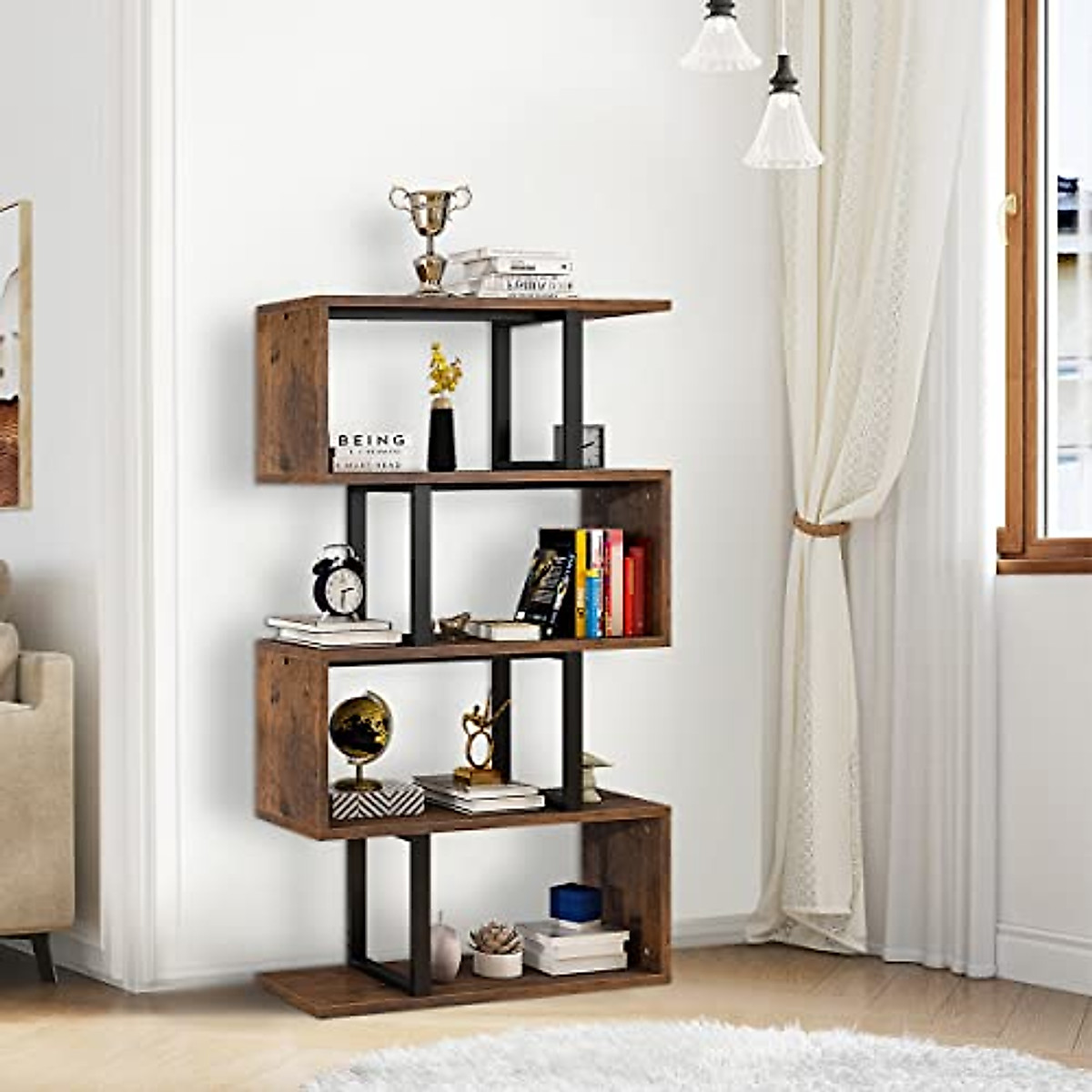 YITAHOME 5 Tiers Bookshelf, Modern S-Shaped Z-Shelf Style Bookshelves, Multifunctional Geometric Bookcase Storage Display Shelf for Living Room Bedroom Home Office, Retro Brown