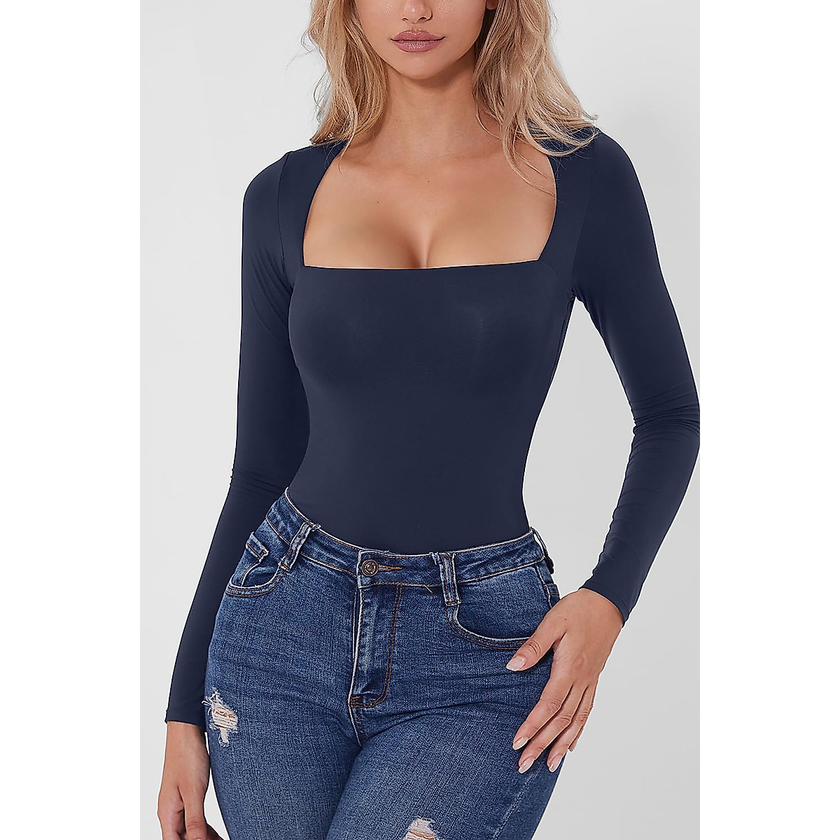 QINSEN Bodysuit for Women Long Sleeve Sexy Square Neck Double Lined Shirt Estate Blue M