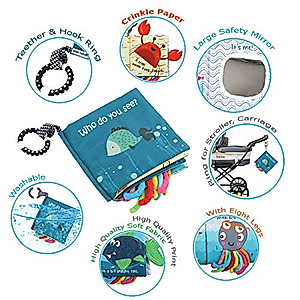 Soft Cloth Crinkle Books Touch Feel Baby Books 0-6 Months for Babies,Infants,Toddlers,Baby Boy Girl Toys 0-3 Months 6 to 12 Months 1-3 Years Old Shower Gifts Box, Sensory Toy Fish Octopus,Teether Ring