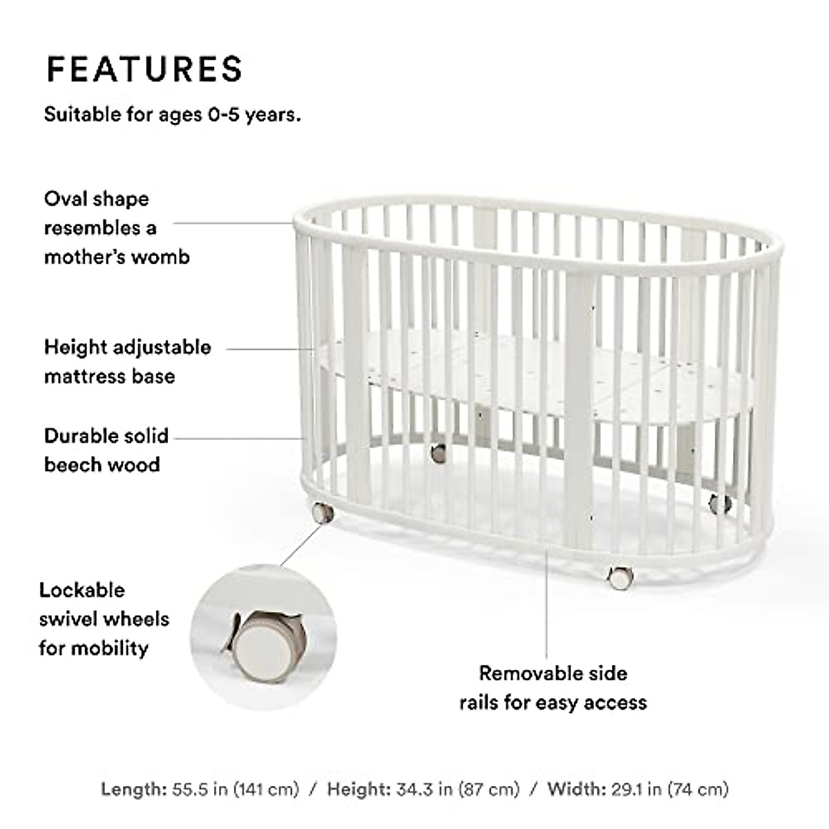 Stokke Sleepi Bed, White - Oval Crib Suitable for Ages 0-5 Years Old - Adjustable, Stylish & Flexible - Sturdy Beech Wood Frame