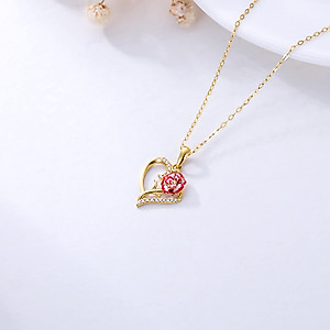 14K Solid Gold Heart Pendant Carnation Necklace for Women,Yellow Gold Carnation Flower Necklaces Anniversary Birthday Gifts for Mom Grandma Wife,16''-18''