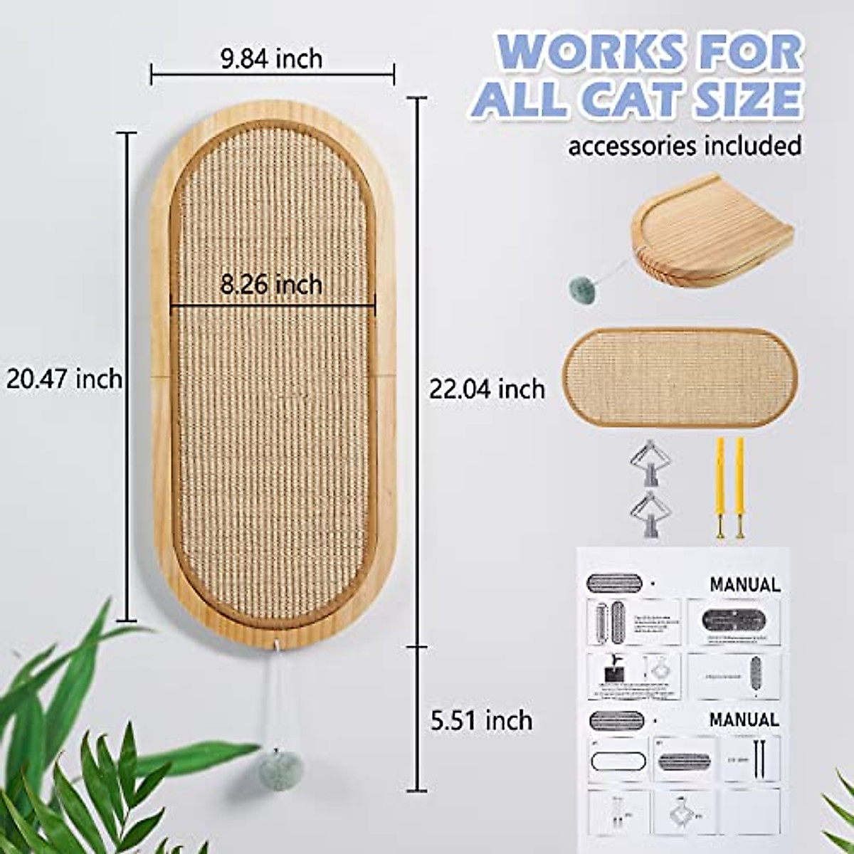 Litail Cat Wall Scratching Post, Sisal Cat Wall Scratcher with Cat Ball Toy, Floor/Wall Mount Cat Scratcher, Wood Cat Scratching Board for Couch Protector, Cat Wall Furniture for Cats (22in x 9.8in)