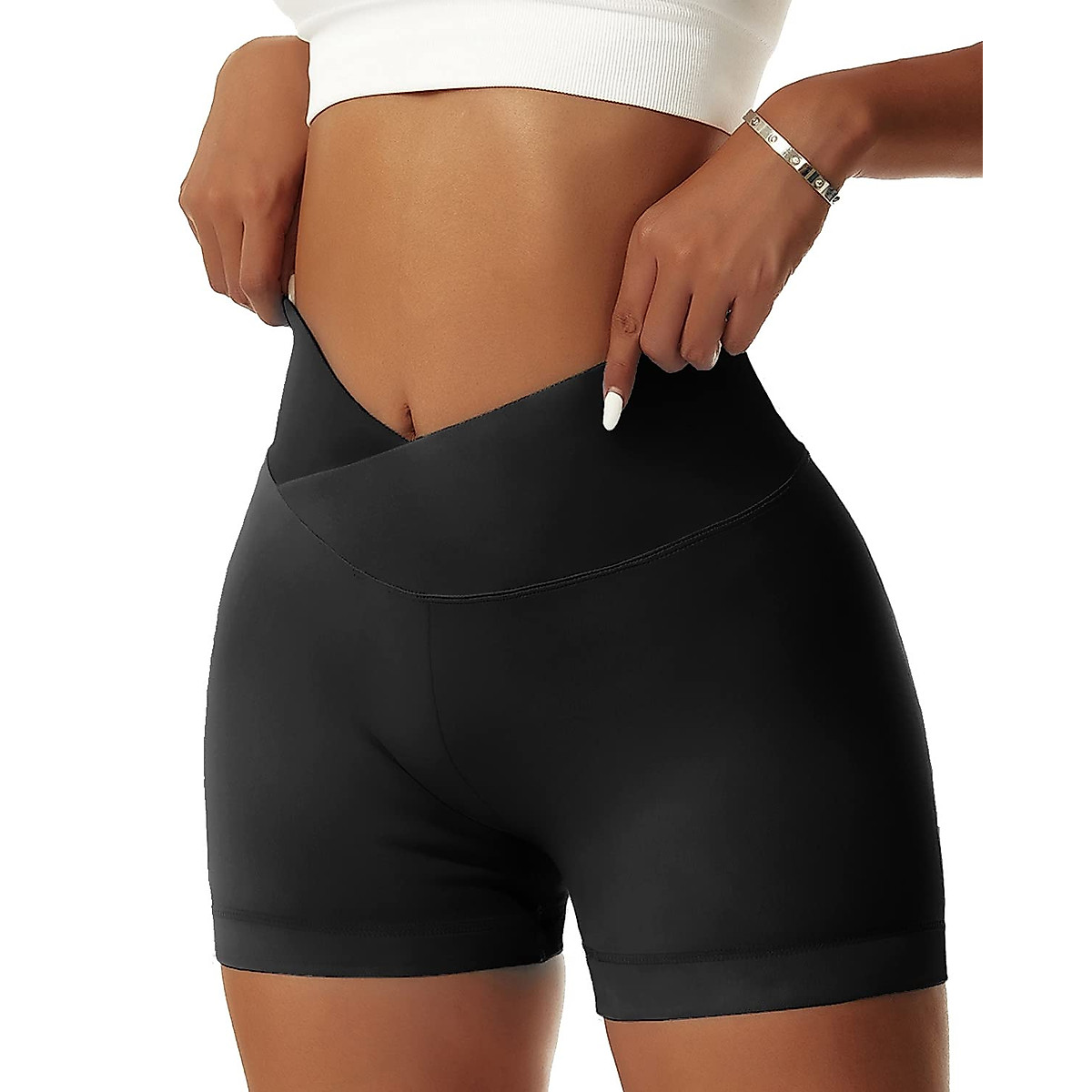YOFIT Womens Cross Waist Workout Shorts 5" Scrunch Booty Shorts Butt Lift High Waist Yoga Shorts Black M