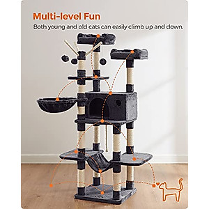 FEANDREA Cat Tree, Large Cat Tower, 64.6 Inches, Cat Activity Center with Hammock, Basket, Removable Fur Ball Sticks, Cat Condo, Smoky Gray UPCT087G01