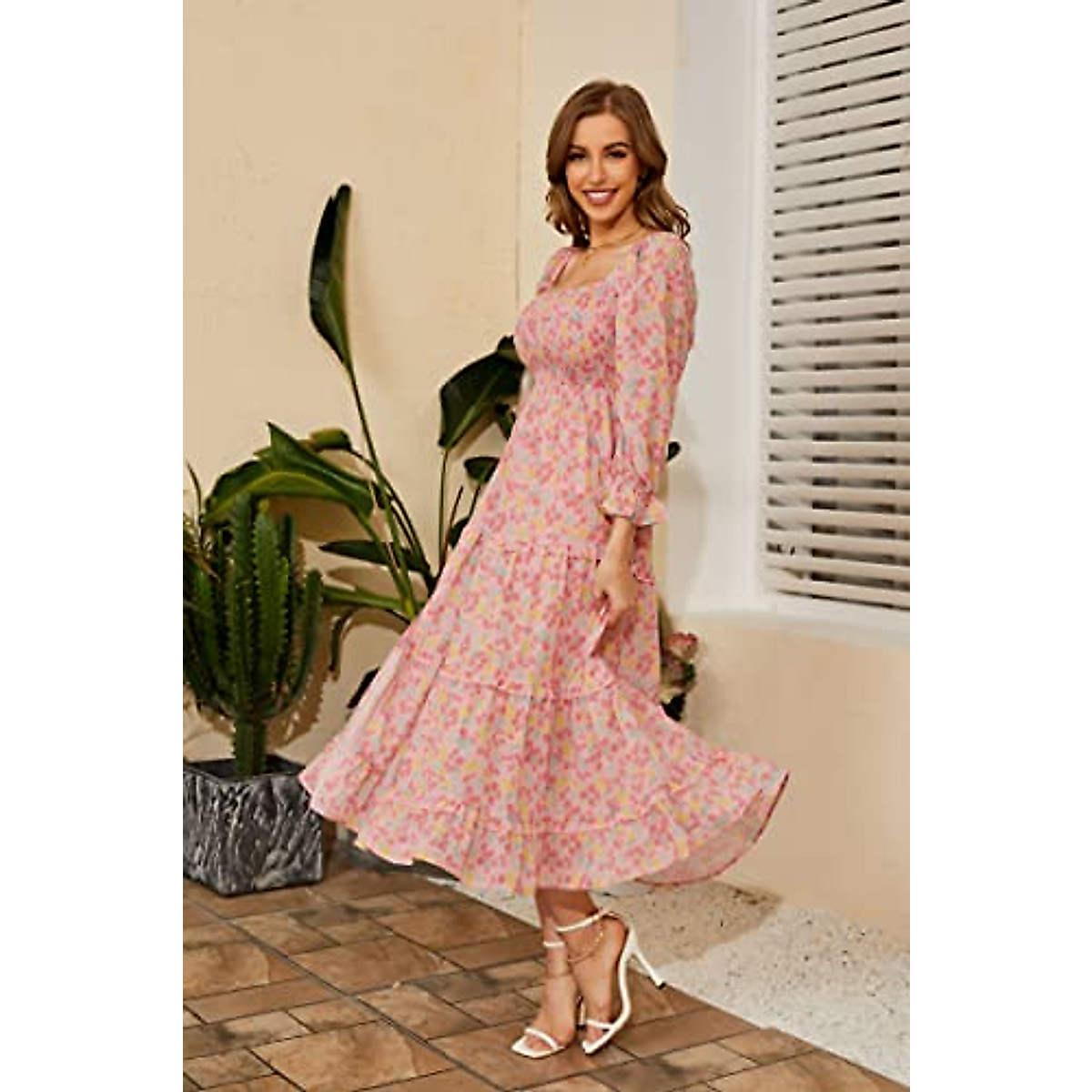 R.YIposha Women's Summer Bohemian Dress Puff Sleeve Ruffled Floral Print Casual Off Shoulder Long Dress,4-6,Pink