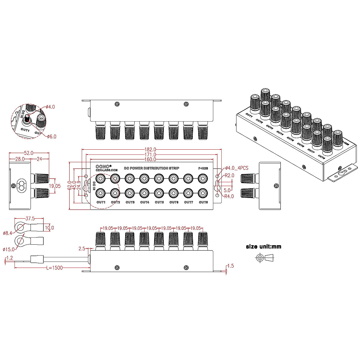 Banana Jack 8 Outlet DC Power Distribution Strip (with Cable)