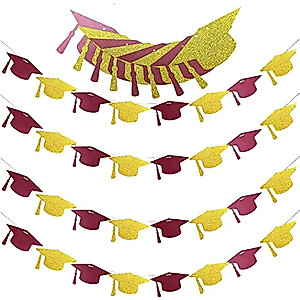 Graduation Decorations Maroon Gold 2023 Maroon Grad 4pcs Graduation Hat Banner Garlands Glitter Burgundy Gold for FSU Graduation Party Supplies 2023