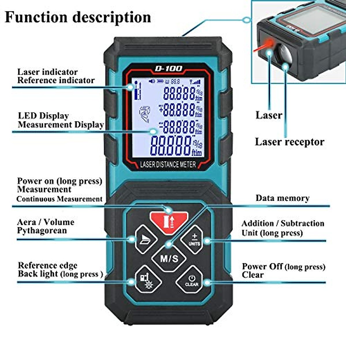 MAKINGTEC Laser Measure 328Ft M/in/Ft Laser Distance Meter,5 Measurement Modes, Pythagorean Mode,LCD Backlight Display, Volume, Area Measurement, Digital Laser Tape Measure D100 Color Blue