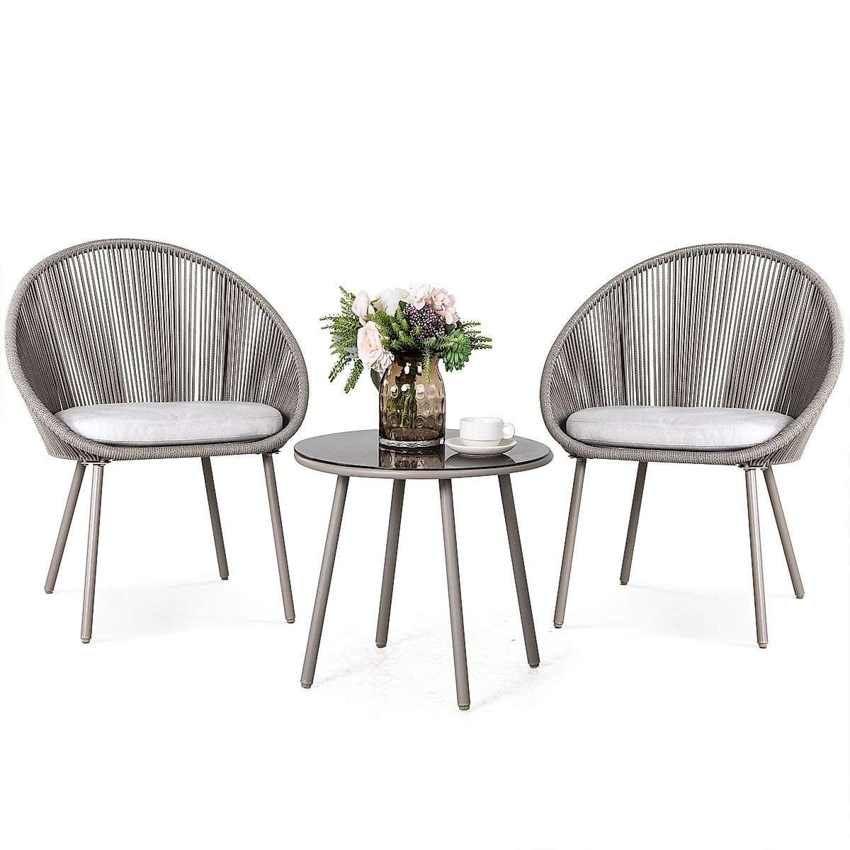 NUU GARDEN 3 Piece Outdoor Bistro Set, Woven Rope Conversation Patio Set, All Weather Patio Furniture Chairs and Table with Cushions for Garden, Deck, Backyard, Balcony, Porch, Gray