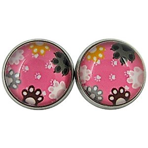 Stainless Steel Pink Cat Paw Print Glass Stud Earrings 12mm