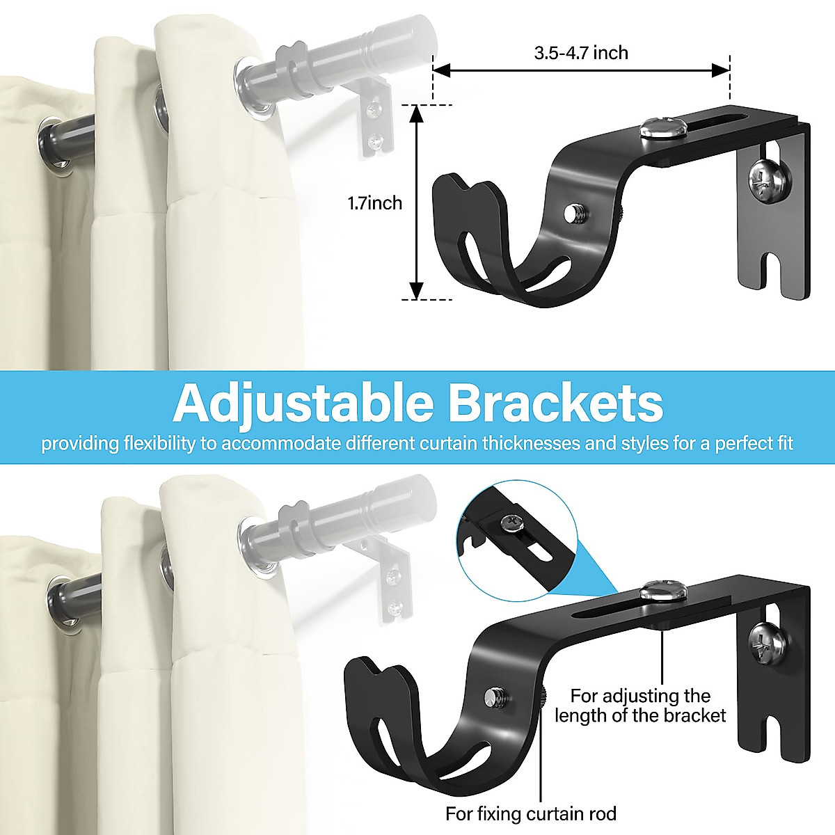 Curtain Rods for Windows 30 to 62 Inch, 1 Inch Black Curtain Rod Set, Stainless Steel Heavy Duty Drapery Rods with Adjustable Brackets for Room Divider, Bedroom, Living room, Kitchen, Bathroom, Black